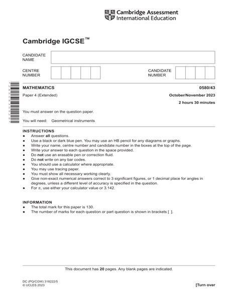 Cambridge Igcse Math Exam Paper 058043 Octnov 2023