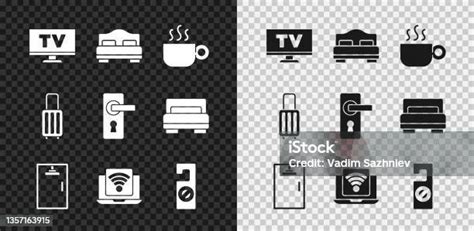 설정 스마트 Tv 호텔 객실 침대 커피 컵 샤워 실 무선 노트북 방해하지 마십시오 가방 및 문 손잡이 아이콘 벡터 가구에 대한 스톡 벡터 아트 및 기타 이미지 Istock