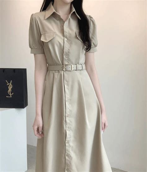 러비나인 벨트세트 셔츠 하객룩 오피스룩 반팔 퍼프 허리잘록 롱 카라넥 원피스