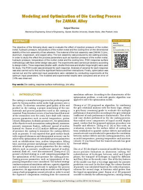 modeling and optimization of die casting process for zamak alloy pdf