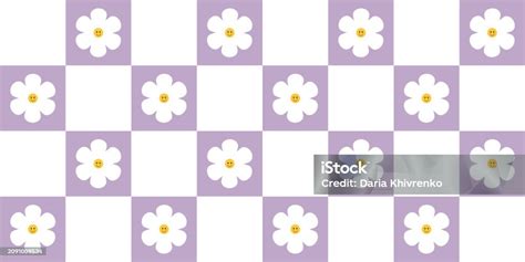 70 년대 분위기 그루비 바둑판 원활한 패턴 라일락 메쉬에 귀여운 꽃이 있는 대형 사각형 그리드 배경 사이키델릭 복고풍 스타일입니다 1960 1969 년에 대한 스톡 벡터