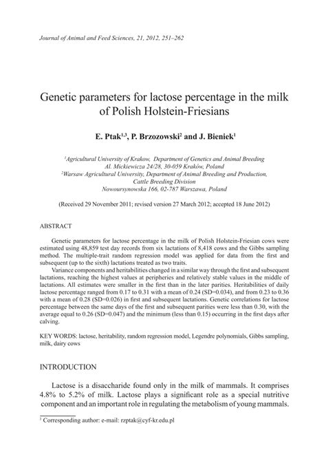 Pdf Genetic Parameters For Lactose Percentage In The Milk Of Polish