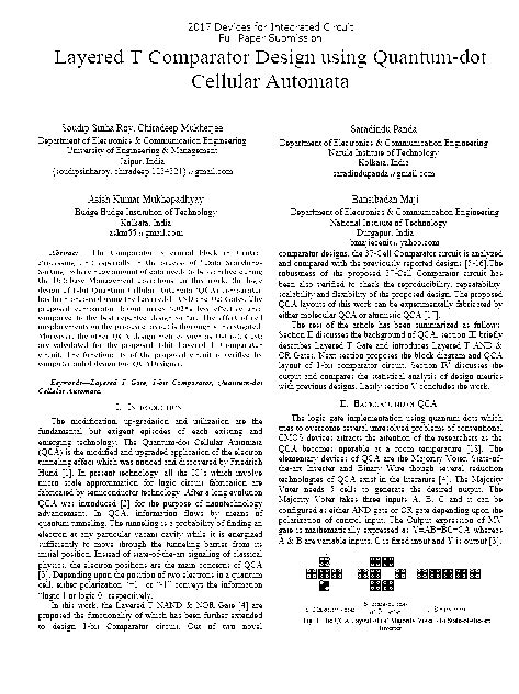 pdf layered t comparator using quantum cellular automata