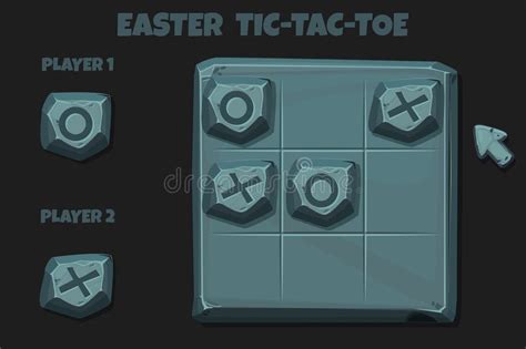 Tic Tac Toe Stone Style Ui Game With Cursor Arrow Vector Cartoon Strategy Game Noughts And