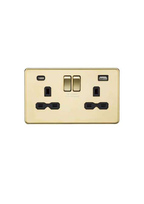 Polished Brass A G SP Switched Socket With Dual USB A C V DC A Shared With Black Insert