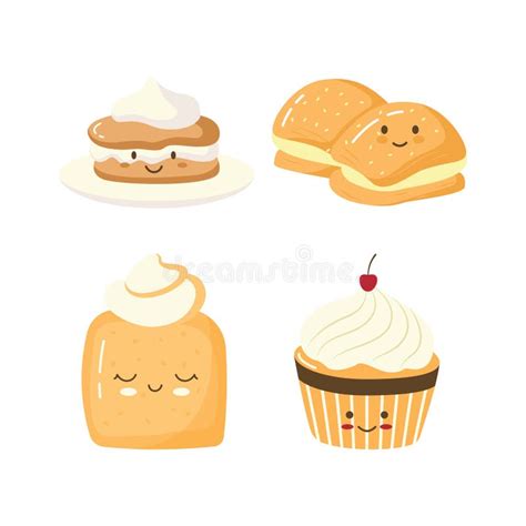 Collection Of Cute Delicious Cookie Cake Cupcake Bread Bakery Food Dessert Character Stock