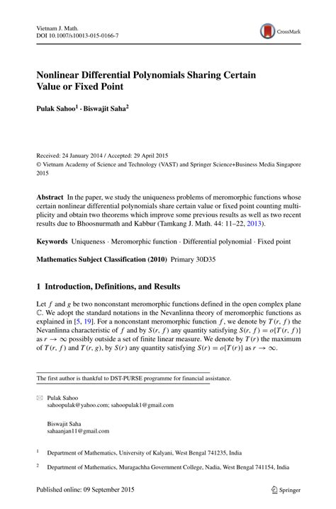 Pdf Nonlinear Differential Polynomials Sharing Certain Value Or Fixed