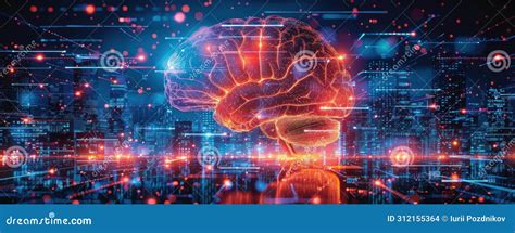 red glowing neural network brain with city lights in the background