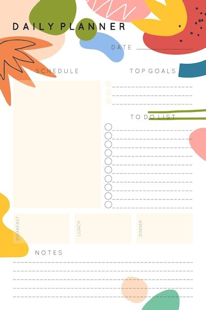 추상 손으로 그린 유기적인 모양과 낙서가 있는 벡터 일일 플래너 템플릿 프리미엄 벡터