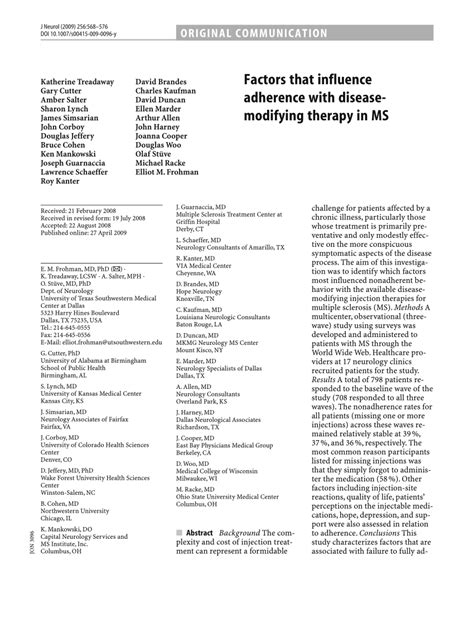 Pdf Factors That Influence Adherence With Disease Modifying Therapy In Ms