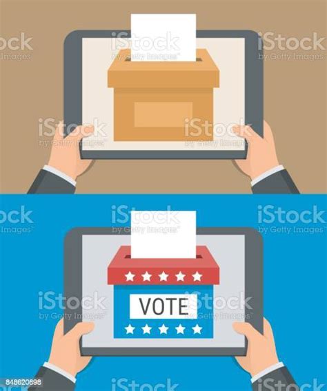 투표 온라인 개념입니다 평면 스타일에서 화면에 태블릿 Pc와 투표 용지 상자를 들고 손 Referendum에 대한 스톡 벡터