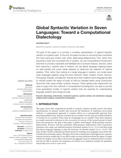 Pdf Global Syntactic Variation In Seven Languages Toward A Computational Dialectology