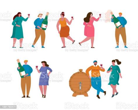 벡터 일러스트 아이콘세트는 여성과 남자 와인 잔과 와인 병 포도 와인으로 나무 통에 놓입니다 마실 것에 대한 스톡 벡터 아트 및