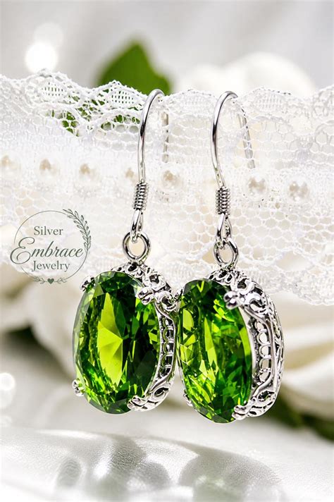 Peridot Earrings Sterling Silver Oval Simulated Green Peridot Dangle