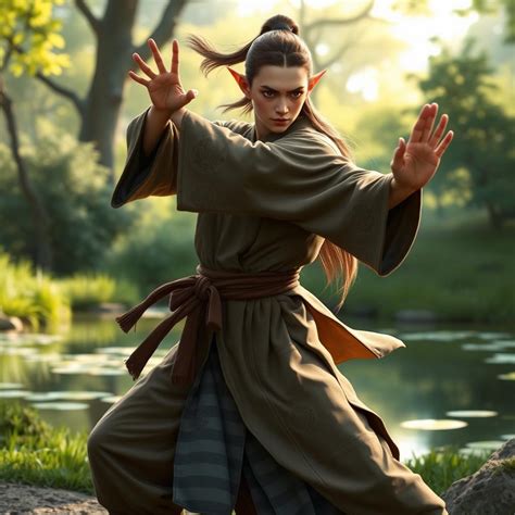 Zen In Nature Half Elf Monk Practicing Martial Arts