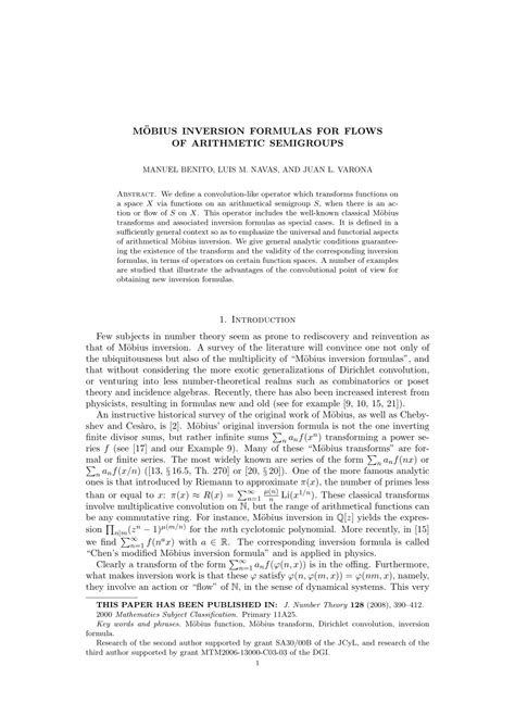 Pdf Möbius Inversion Formulas For Flows Of Arithmetic Semigroups