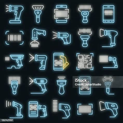 Ikon Pemindai Barcode Mengatur Neon Vektor Ilustrasi Stok Unduh