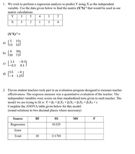 We Wish To Perform A Regression Analysis To Predict Y Chegg