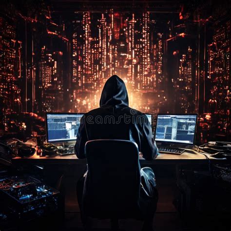 Back View Of Hacker Working At Multiple Computer Screens In Dark Room