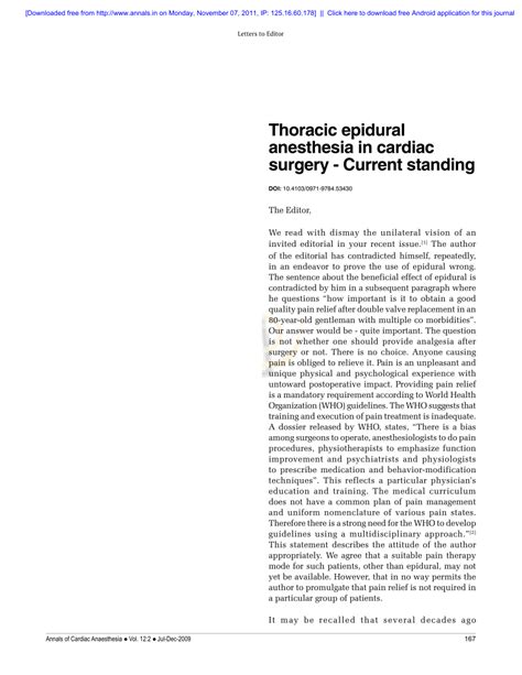 Pdf Thoracic Epidural Anesthesia In Cardiac Surgery Current Standing