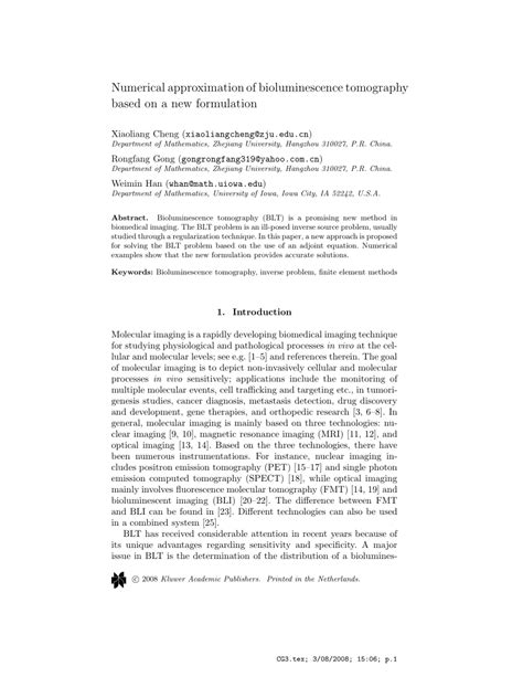 Pdf Numerical Approximation Of Bioluminescence Tomography Based On A New Formulation