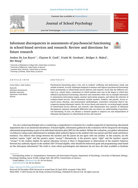 Pdf Informant Discrepancies In Assessments Of Psychosocial Functioning In School Based