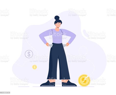 돈이 없습니다 파산 빈곤 경제 위기 및 재정적 어려움 한 여자가 빈 주머니를 꺼내고 있습니다 흰색 배경에 고립 된 벡터 플랫
