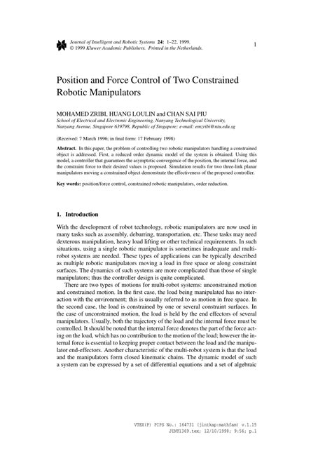 Pdf Position And Force Control Of Two Constrained Robotic Manipulators