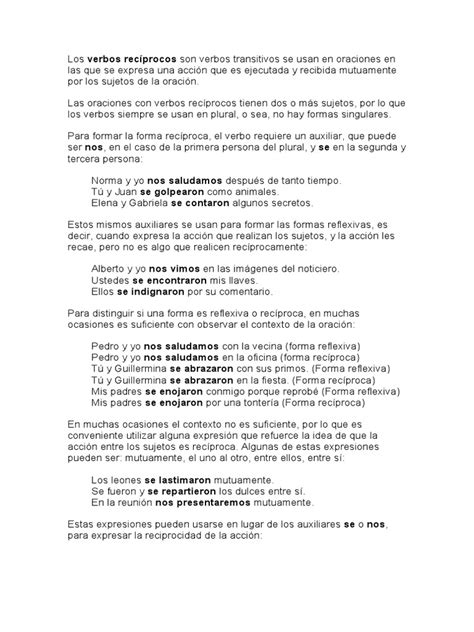 Los Verbos Recíprocos Pdf Verbo