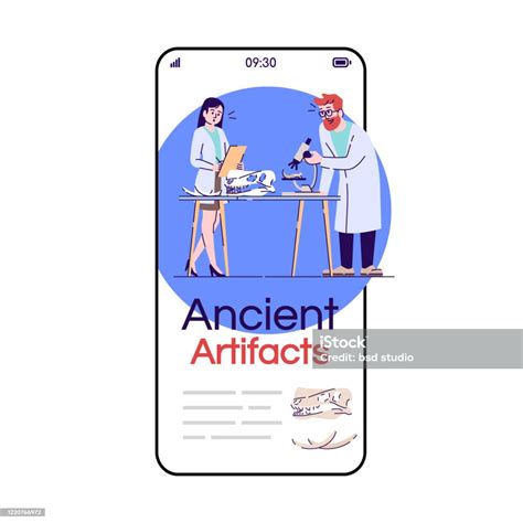 고대 유물 스마트 폰 응용 프로그램 화면입니다 만화 캐릭터 디자인 모형과 휴대 전화 디스플레이 과학자 고고학 연구 실험실 응용