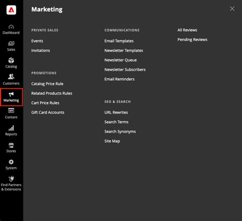 Marketing Menu Adobe Commerce
