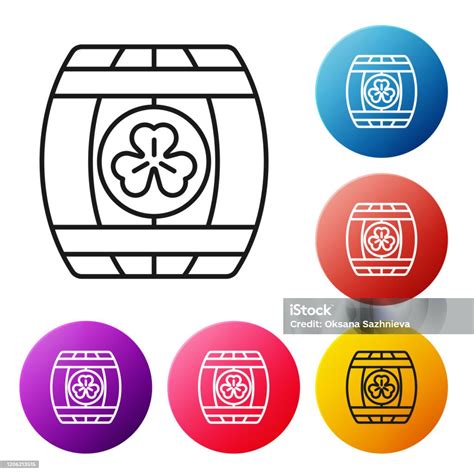 흰색 배경에 격리 된 네 개의 잎 클로버 아이콘이있는 검은 색 선 나무 배럴 알코올 통 맥주 위스키 와인나무 통 아이콘 다채로운 원 버튼을 설정합니다 벡터 일러스트레이션