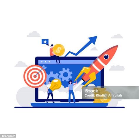 비즈니스 스타트업 작은 캐릭터로 로켓 컨셉 발사에 대한 성공 팀워크 공간 플랫 벡터 일러스트레이션으로 시작하는 사람들 팀 수익 부를 높이기 위해 새로운 성공적인 아이디어를