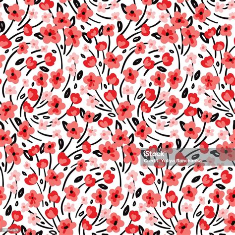 작은 분홍색과 붉은 꽃 잎 귀여운 꽃 무늬 프린트 흰색 배경에 꽃 초원이있는 매끄러운 패턴 인쇄를 위한 현대적인 디자인 벡터 그림입니다 자유에 대한 스톡 벡터 아트 및 기타