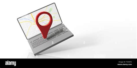 GPS Navigation Concept Pointer Location On Laptop Flying Isolated On White Background Map On