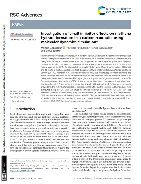Pdf Investigation Of Small Inhibitor Effects On Methane Hydrate