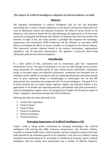 Pdf The Impact Of Artificial Intelligence Adoption Of Telecom Industry In India