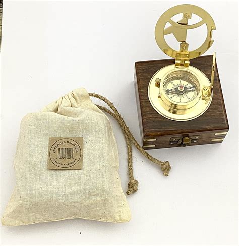 Brass Sundial Compass With Wooden Box Handmade Pocket Sundial Sun Dial Compass Steampunk