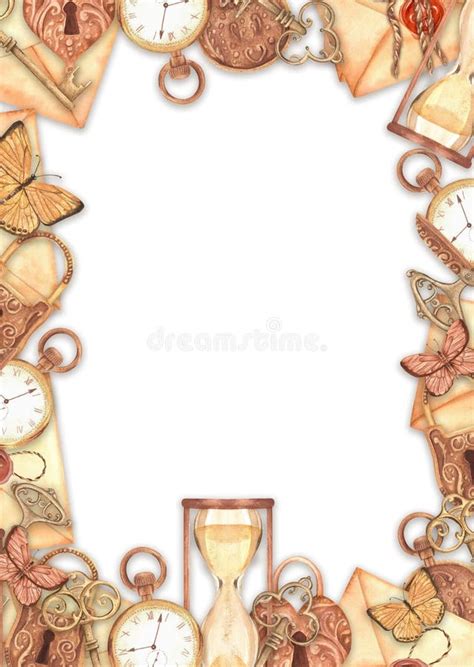 Rectangular Frame With Vintage Keys Padlocks Pocket Watches Hourglass Envelopes Butterflies