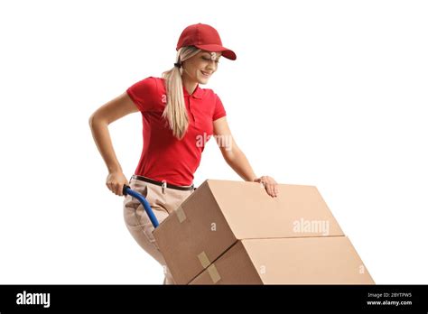 Female Worker Pushing A Hand Truck With Boxes Isolated On White Background Stock Photo Alamy Female Worker Pushing A Hand Truck With Boxes Isolated On White Background Stock Photo Alamy