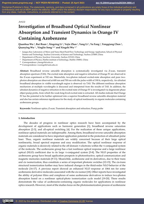 Pdf Investigation Of Broadband Optical Nonlinear Absorption And Transient Dynamics In Orange