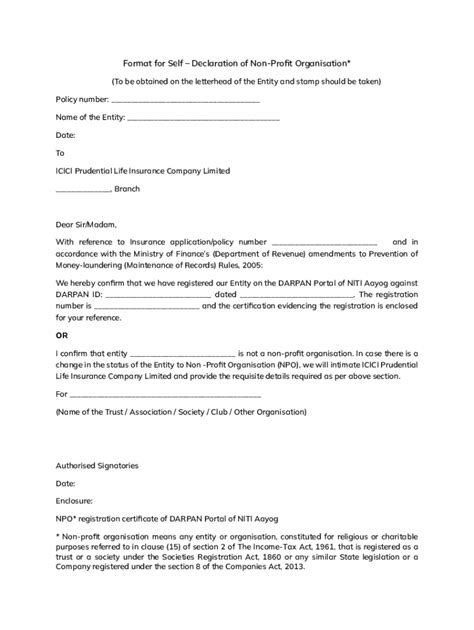 Fillable Online Format For Self Declaration Of Non Profit Organisation