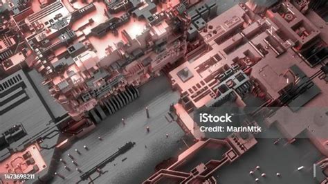 마이크로칩이 있는 회로 기판 프로세서 및 기타 하이테크 부품 철분과 코퍼 미래 기술 회로 기판 마이크로 구조 사이버 공간 3d 공상 과학 배경입니다 3d 렌더링 3d