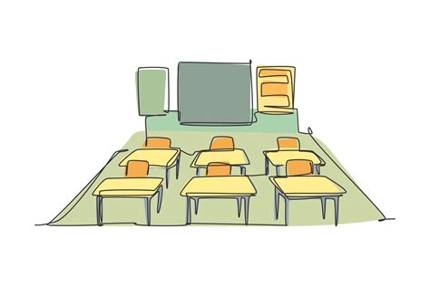 Continuous One Line Drawing Of Kindergarten School Classroom Interior Back To School Hand Drawn