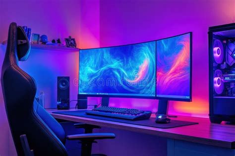 High Tech Dual Monitor Home Office Setup With Ergonomic Chair And