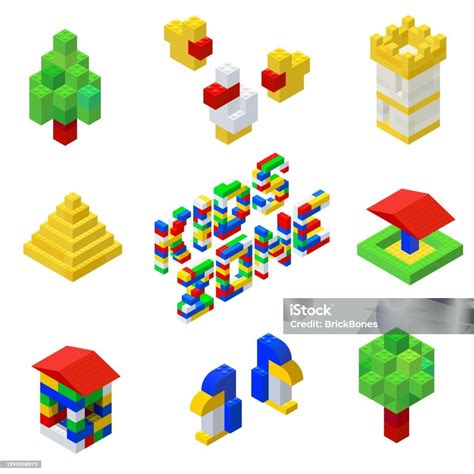 인쇄 게임 및 교육을위한 아이소메트릭 스타일의 여러 가지 색상의 플라스틱 블록에서 어린이 영역을위한 그림 세트 벡터