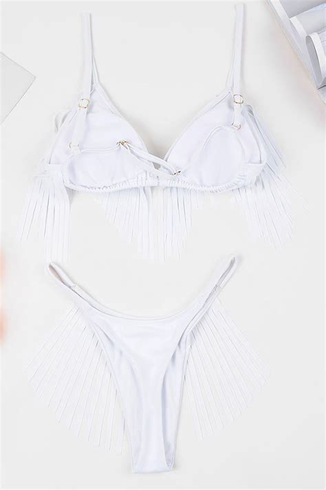 Tassel Sliding Triangle String Thong Bikini Swimsuit Two Piece Set