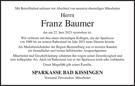 Franz Baumer Traueranzeige Franken De