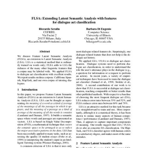 Flsa Extending Latent Semantic Analysis With Features For Dialogue Act Classification Acl