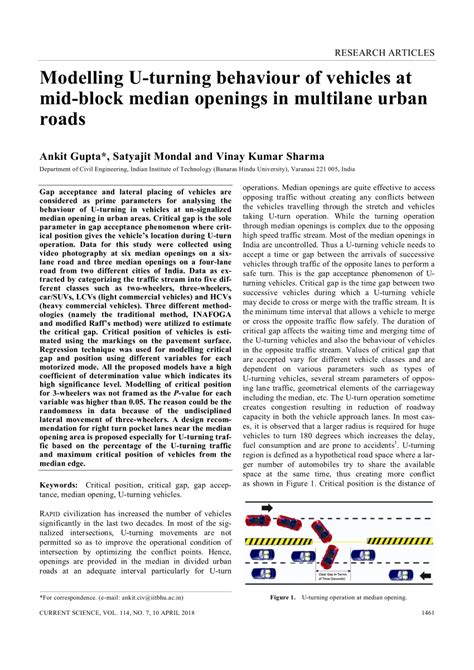 Pdf Modeling U Turning Behaviour Of Vehicles At Mid Block Median Opening Inmultilane Urban Roads